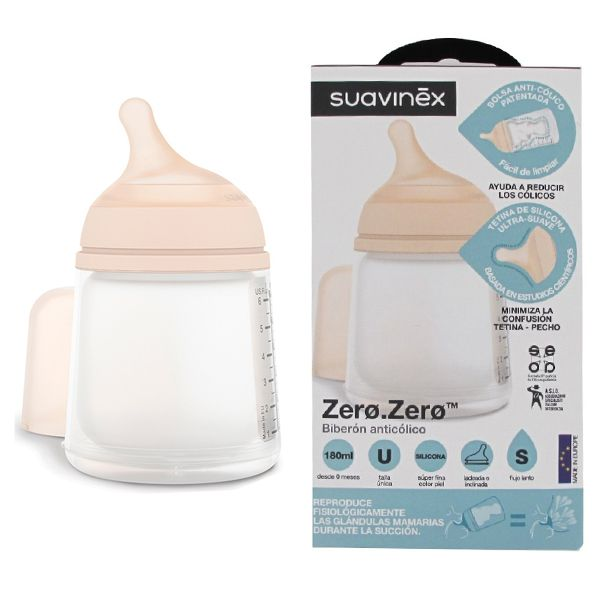 Suavinex Zero.Zero Biberão Tetina Silicone Cólicas Fluxo Lento 180ml | aSuaFarmáciaOnline